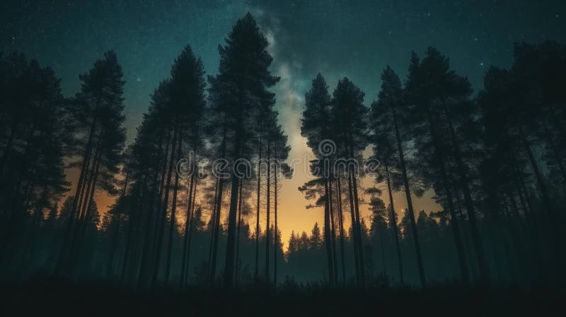 Silhouetted Pine Trees Against a Starry Night Sky and Glowing Horizon ...