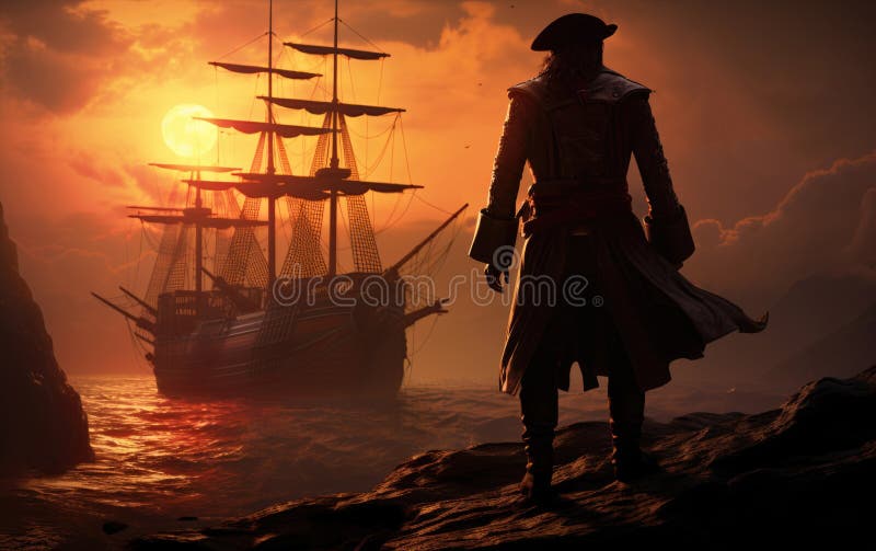 Silhouetted Pirate Looking at a Big Vessel Anchored by the Coast at ...