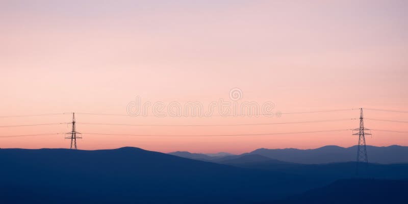 Silhouetted Power Lines Against a Pink Sunset Stock Illustration ...