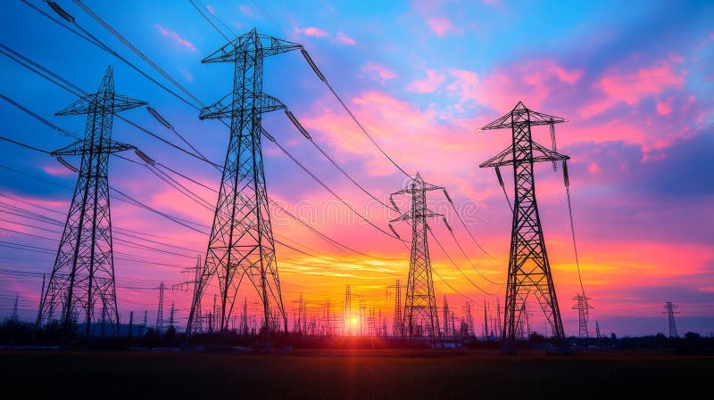 Silhouetted Power Towers at Sunset Stock Illustration - Illustration of ...