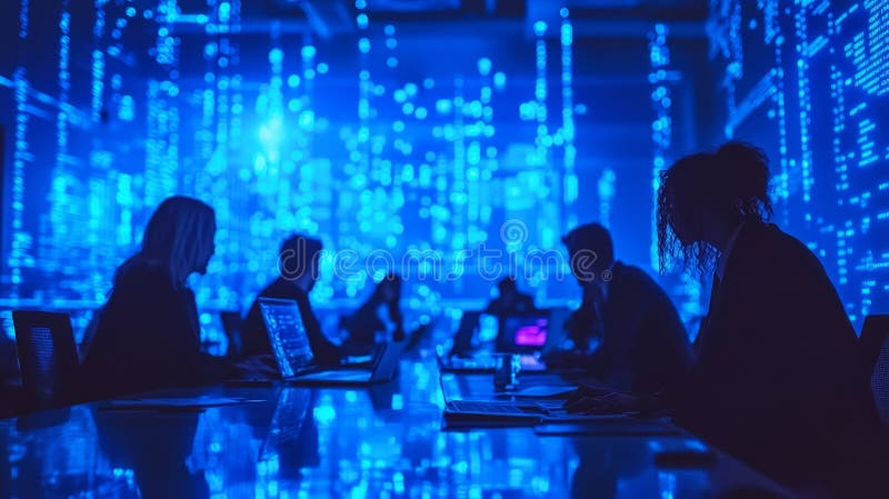 Silhouetted Professionals Collaborate, Analyzing Data in Futuristic ...