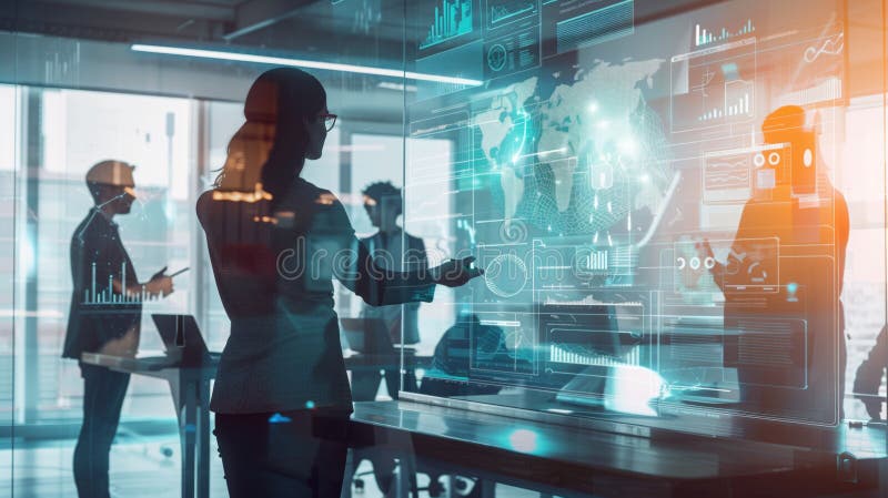 Silhouetted Professionals in Modern Office Interacting with Digital ...