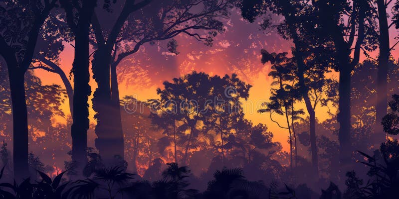 Silhouetted Rainforest Scene with Trees Outlined by the Fading Light ...