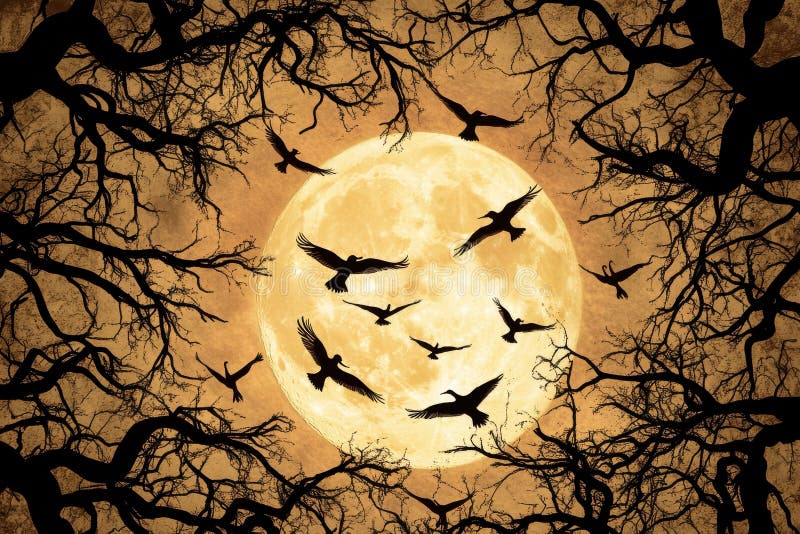 Moonlit Ravens stock illustration. Illustration of haunting - 342131328