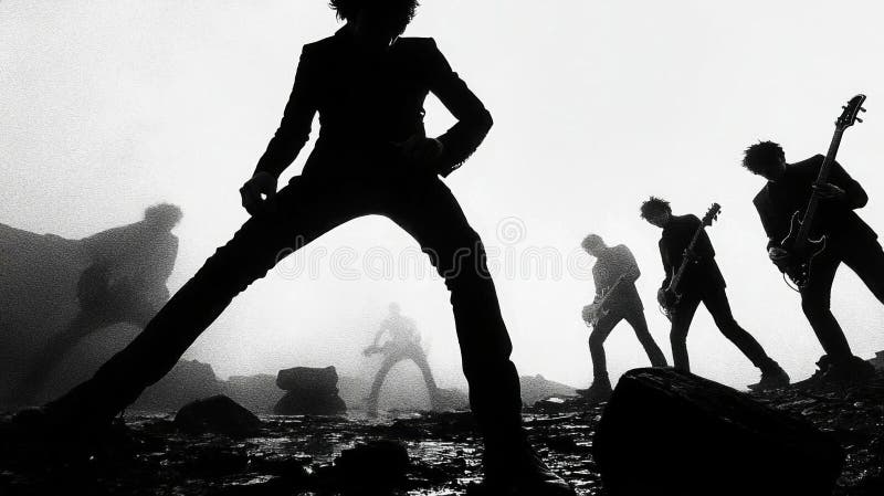 Silhouetted Rock Band Performing Outdoors in Black and White Stock ...