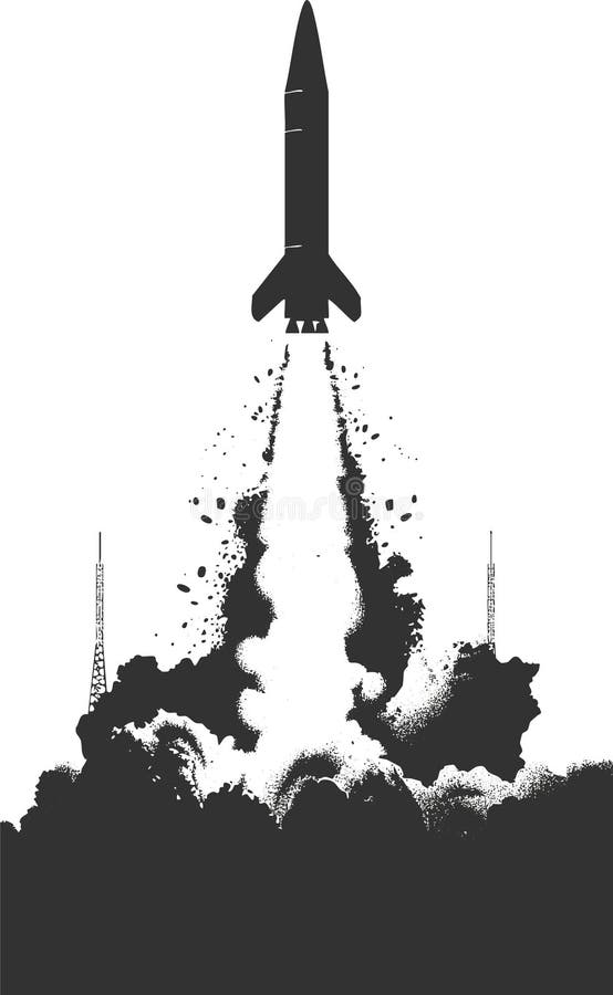 Silhouetted Rocket Launching with Smoke in Black and White Illustration ...