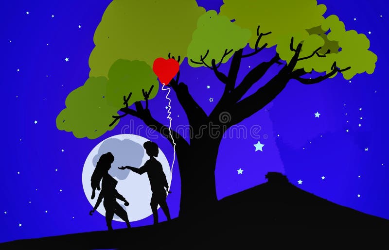 Silhouetted, Romantic Couple Under the Tree, and Romantic Moon Night ...