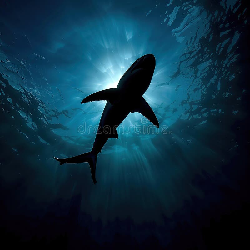 Silhouetted Shark Swimming in Deep Ocean, Sun Rays Above Stock ...
