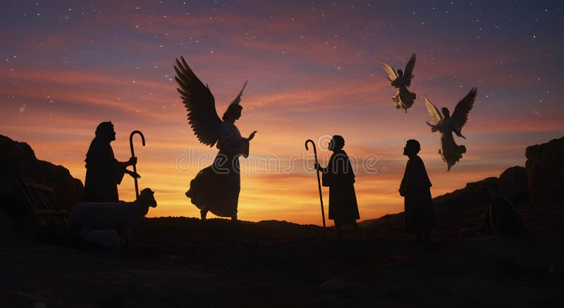 Angelic Visitation To Shepherds at Sunset Stock Illustration ...
