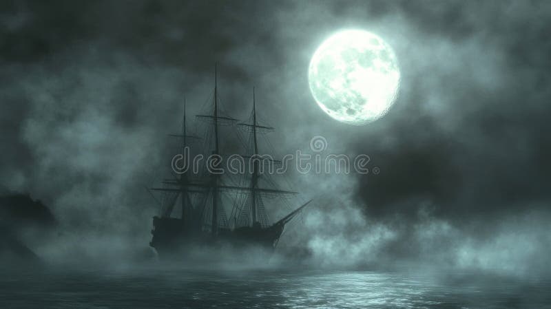 A Silhouetted Ship Sailing through Fog Beneath a Full Moon Stock ...