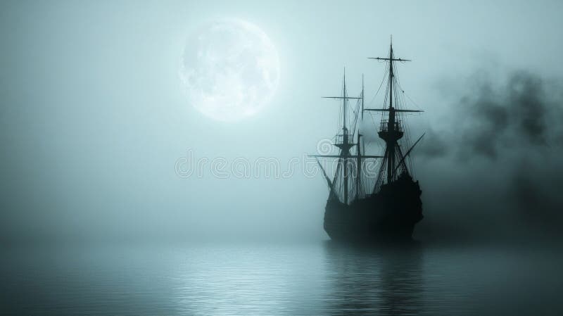 A Silhouetted Ship Sailing through Fog Underneath a Full Moon Stock ...