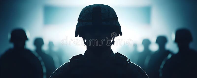 Silhouetted Soldiers in Dramatic Lighting Stock Illustration ...