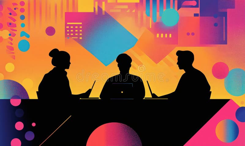 Silhouetted Team Collaboration in Vibrant Abstract Workspace with ...