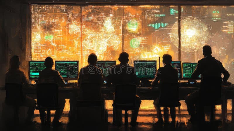 Silhouetted Team Monitoring Fireworks Display from Control Room Stock ...