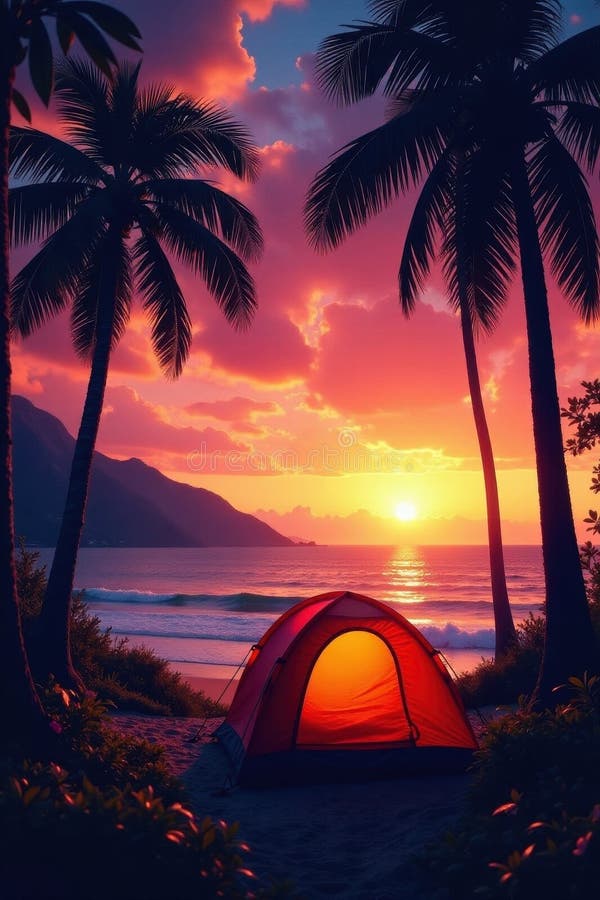 Silhouetted Tent Amongst Trees, Ocean Sunset Backdrop , Image, Rays ...