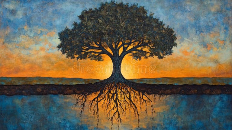 A Silhouetted Tree with Expansive Roots Reaching into Water Stock ...