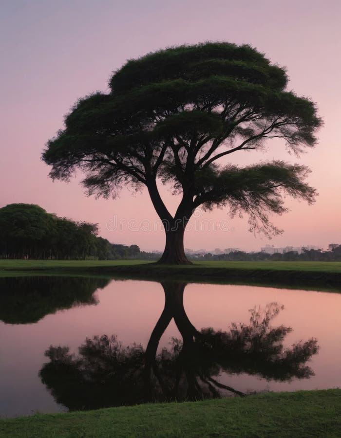 Silhouetted Tree Reflection at Sunset. Stock Illustration ...