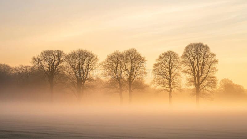 Silhouetted Trees in a Misty Field at Dawn Stock Illustration ...