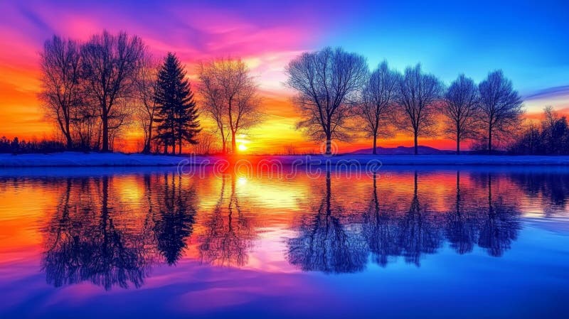 Silhouetted Trees Reflecting in a Still Lake at Sunset Stock ...