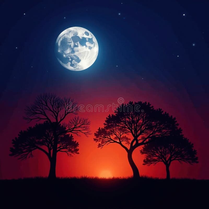 Silhouetted Trees Stand Stark Against a Bright, Full Moon , Shadow ...