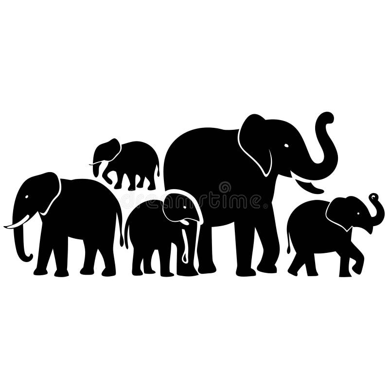 Elephant Family Silhouette: Black and White Vector Illustration Stock ...
