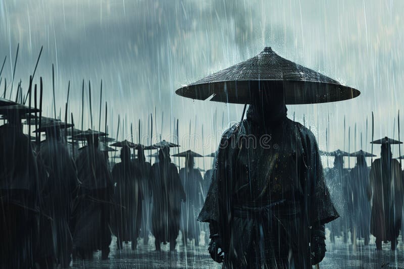 Silhouetted Warrior in the Rain, Surrounded by a Mysterious Army. Stock ...