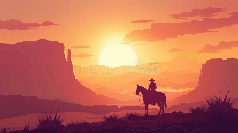 Silhouetted Western Cowboy on Horseback at Sunset in Desert Stock ...