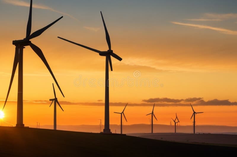 Silhouetted Wind Turbines on a Hill As the Sun Sets Behind Them ...