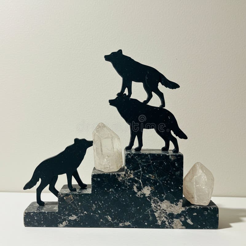 Silhouetted Wolf Figures Made from Dark Stone Stand on a Stepped ...