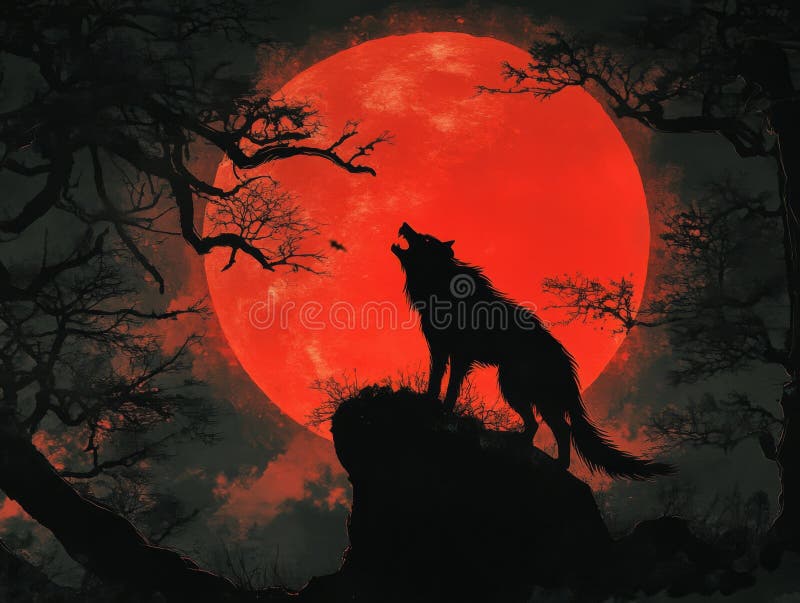 Silhouetted Wolf Howling at a Blood Red Moon Stock Illustration ...