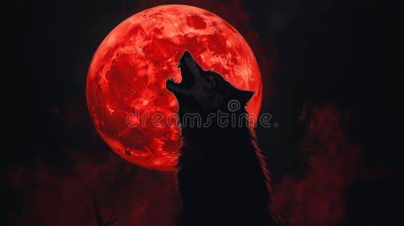 A Silhouetted Wolf Howling at a Blood Red Moon Stock Illustration ...