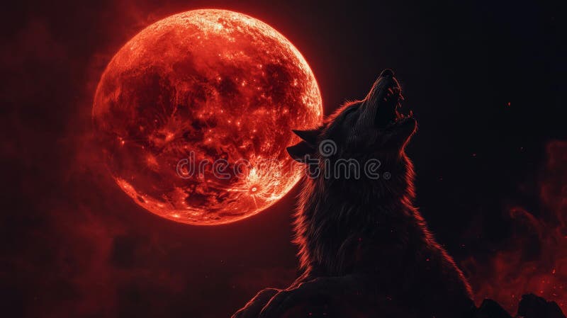 A Silhouetted Wolf Howling at a Crimson Moon Stock Illustration ...