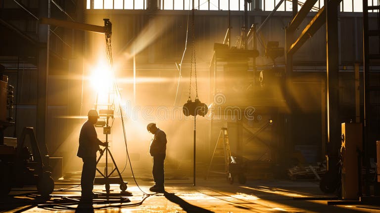 Workers Silhouette in Industrial Workshop during Golden Hour with ...