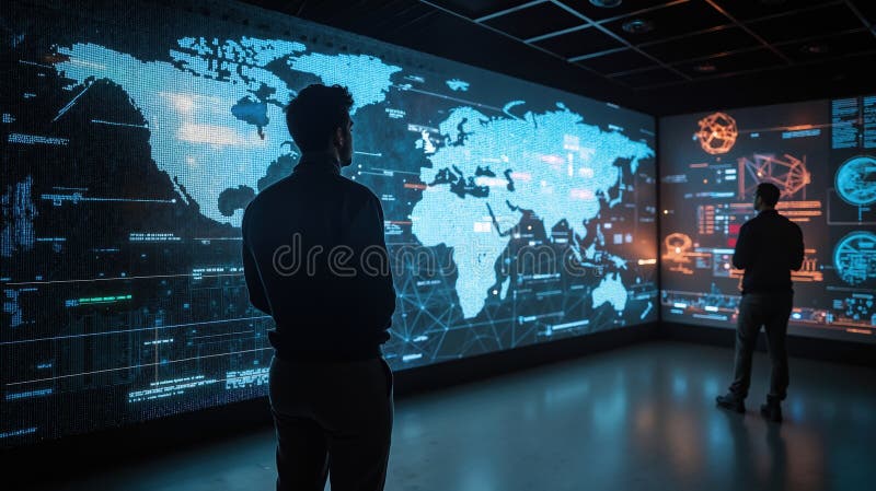 Silhouettes Analyzing Digital World Map in High-tech Control Room Stock ...