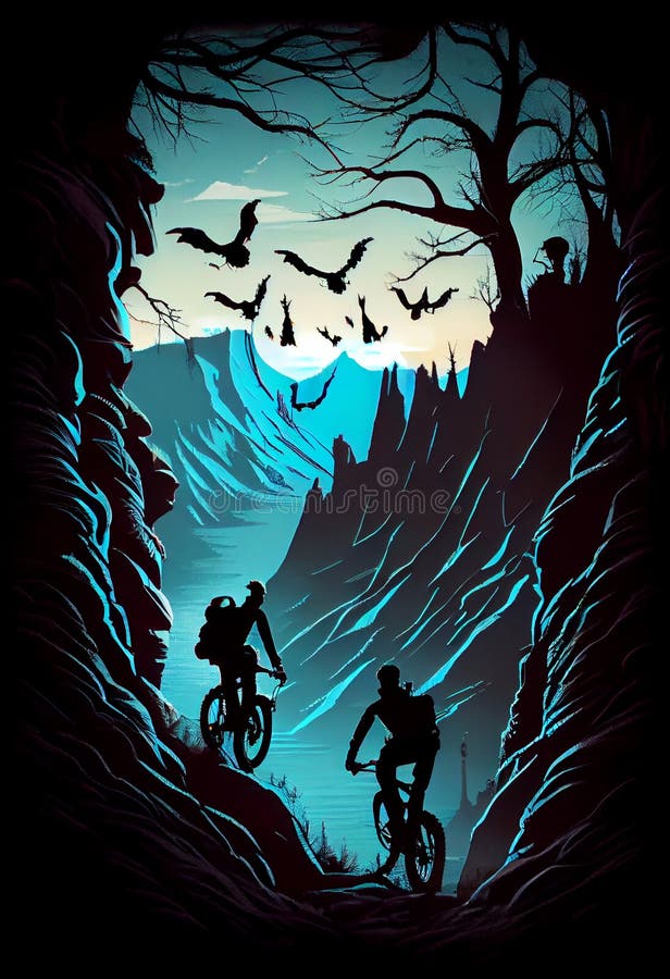 Silhouettes of Athletes Mountain Biking on a Trail with Mountain Range ...