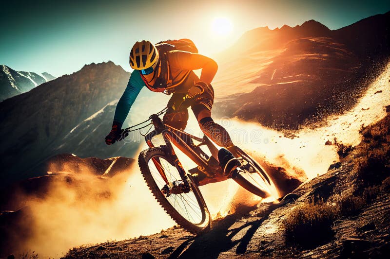 Silhouettes of Athletes Mountain Biking on a Trail with Mountain Range ...