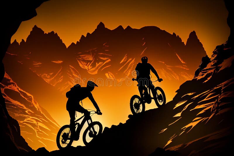 Silhouettes of Athletes Mountain Biking on a Trail with Mountain Range ...