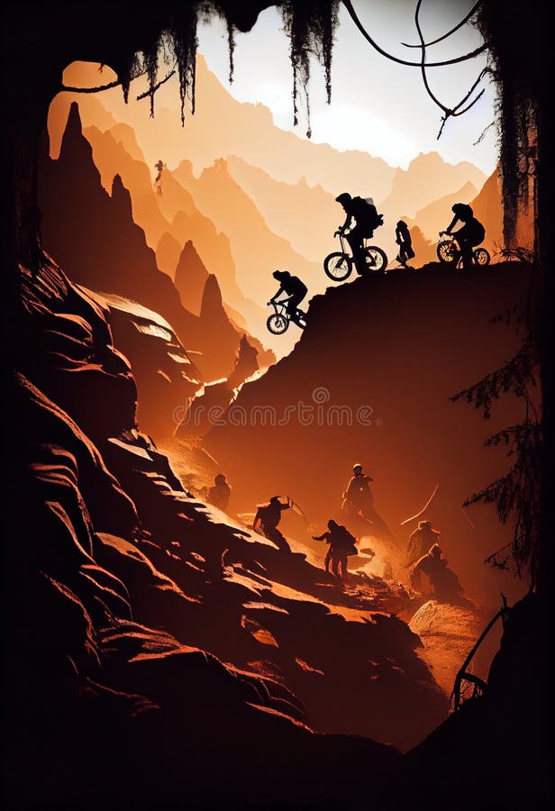 Silhouettes of Athletes Mountain Biking on a Trail with Mountain Range ...