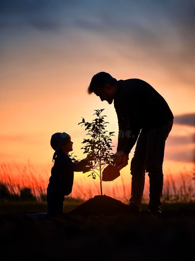 Silhouettes in Backlight of a Father Planting a Tree with His Son in ...