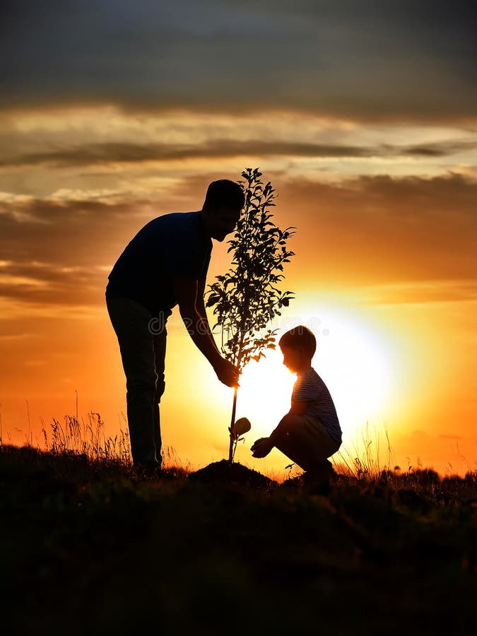 Silhouettes in Backlight of a Father Planting a Tree with His Son in ...