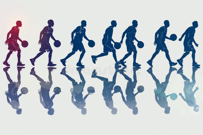 Silhouettes of a Basketball Player in Motion with Reflections Stock ...