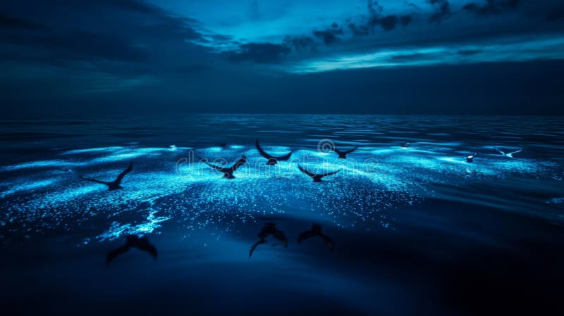Silhouettes of Birds Flying Over Bioluminescent Ocean at Night Stock ...