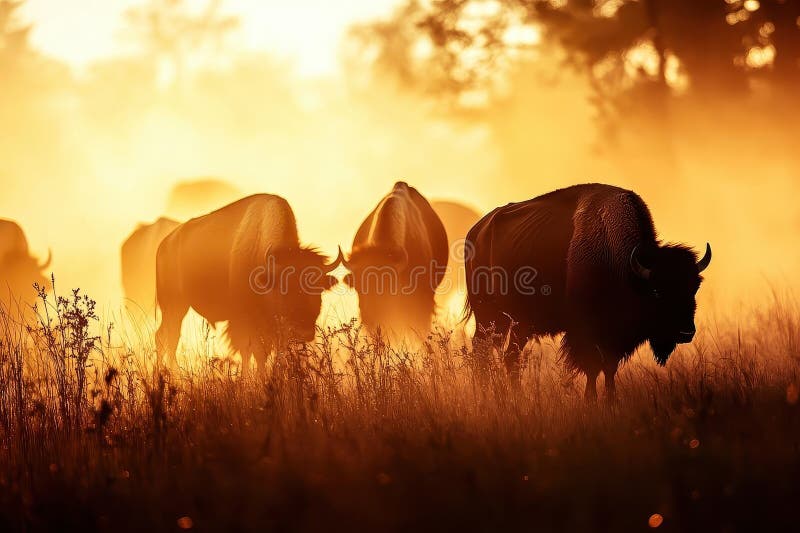 Silhouettes of Bison in Golden Sunrise Stock Illustration ...