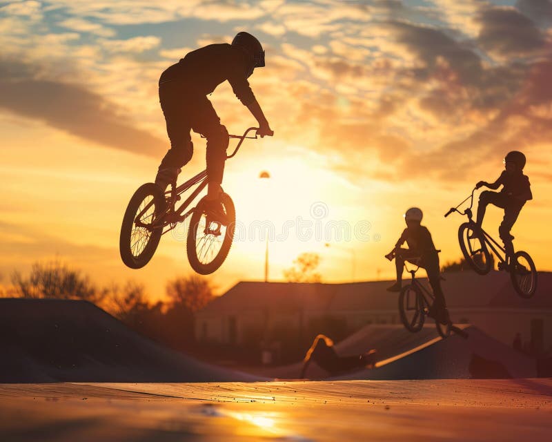 Silhouettes of BMX Riders Performing Tricks at Sunset Creating a ...