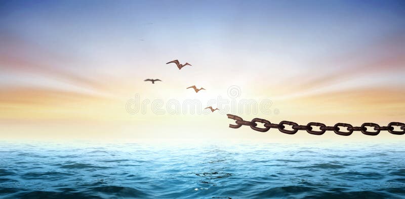 Silhouettes of Broken Chain and Birds Flying in Blue Sky Stock Photo ...