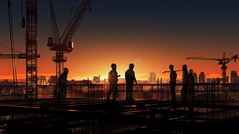 Silhouettes of Builders at Sunset Against the Background of Tower ...