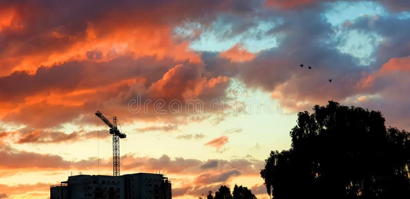 Construction Work Site at Red Dramatic Sunset Stock Photo - Image of ...