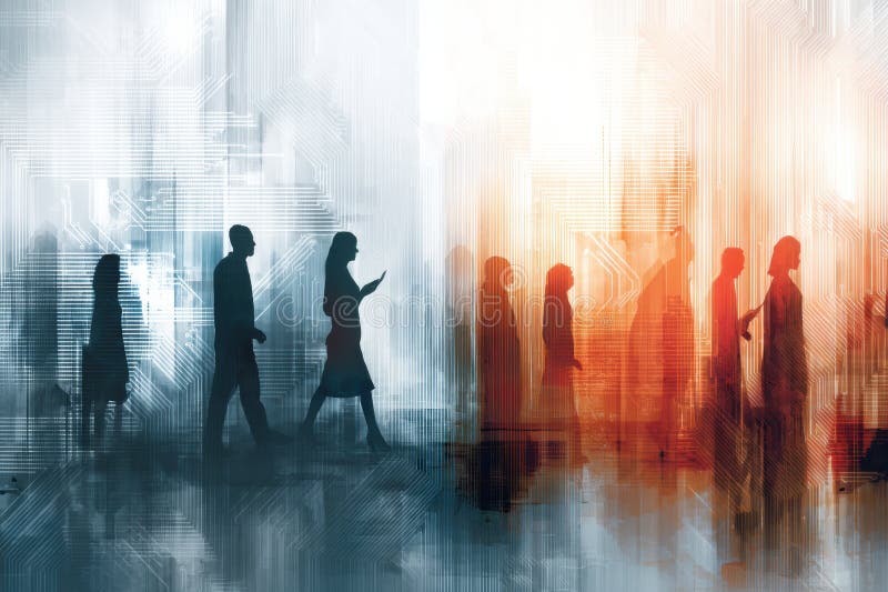 Business Leaders Clash in Silhouettes with Technology Chip Shadows ...