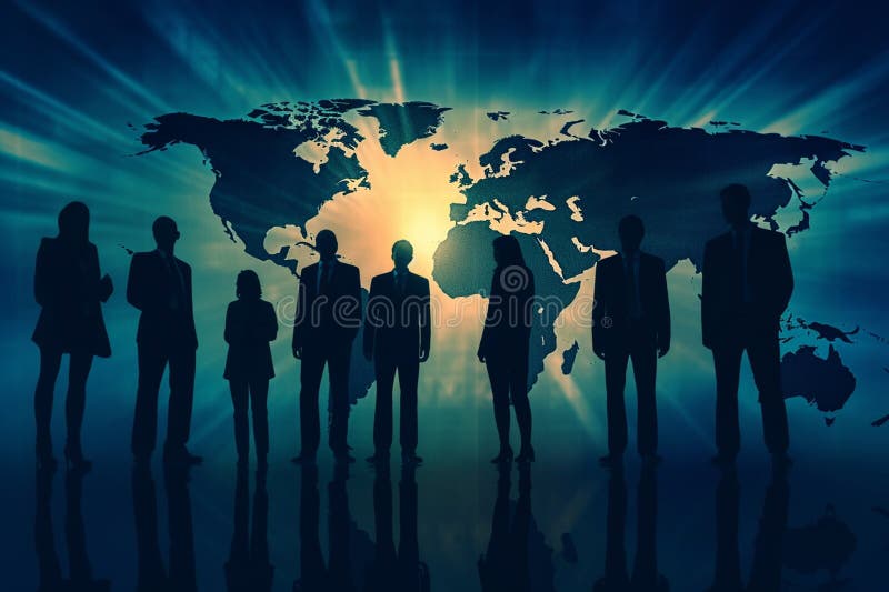 Silhouettes of Business People Standing in Front of Digital World Map ...