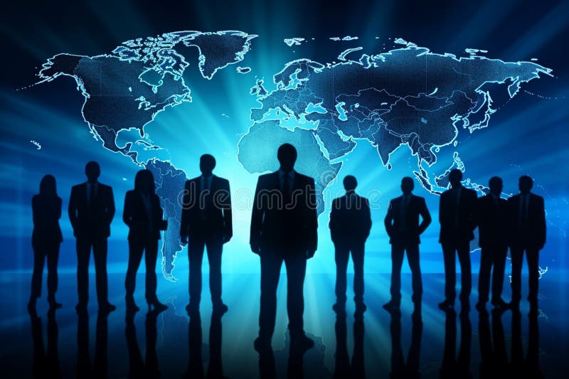 Silhouettes of Business People Standing in Front of Digital World Map ...